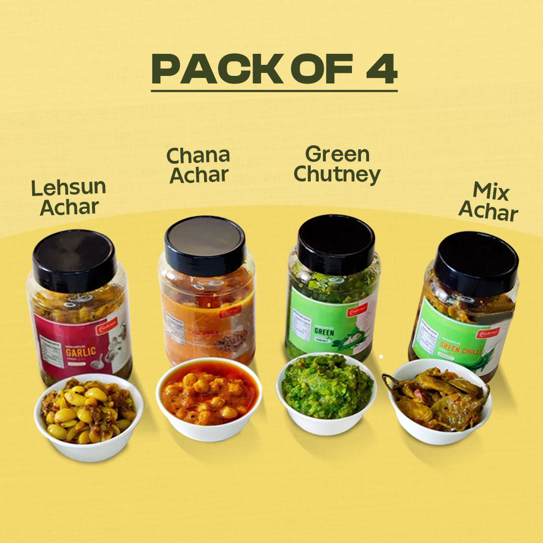 Pack of 4 (1KG Each) Mix Achar, Chana Achar, Green Achar, Lehsun Achar